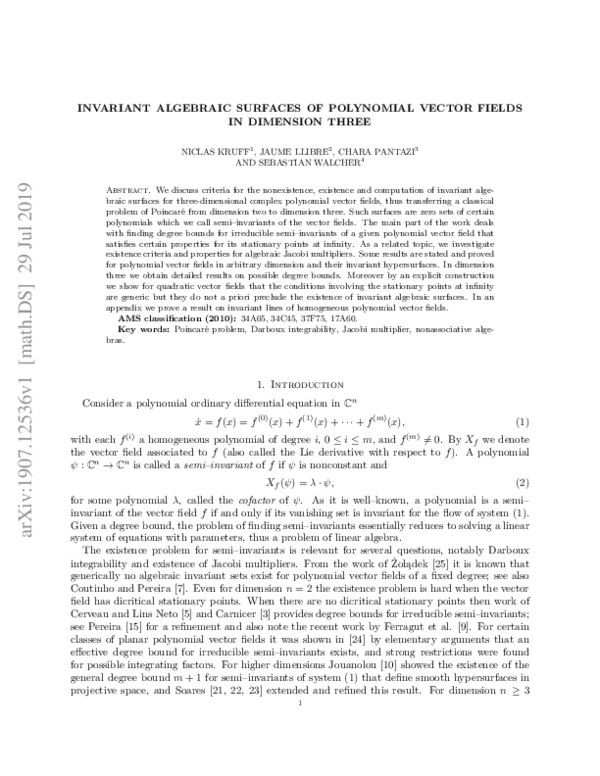 (PDF) Invariant algebraic surfaces of polynomial vector fields in dimension three