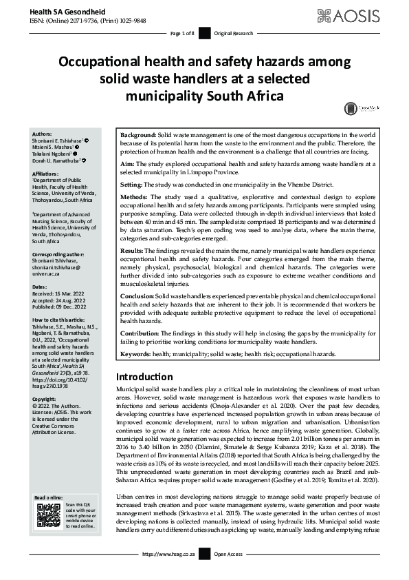 (PDF) Occupational health and safety hazards among solid waste handlers at a selected ...