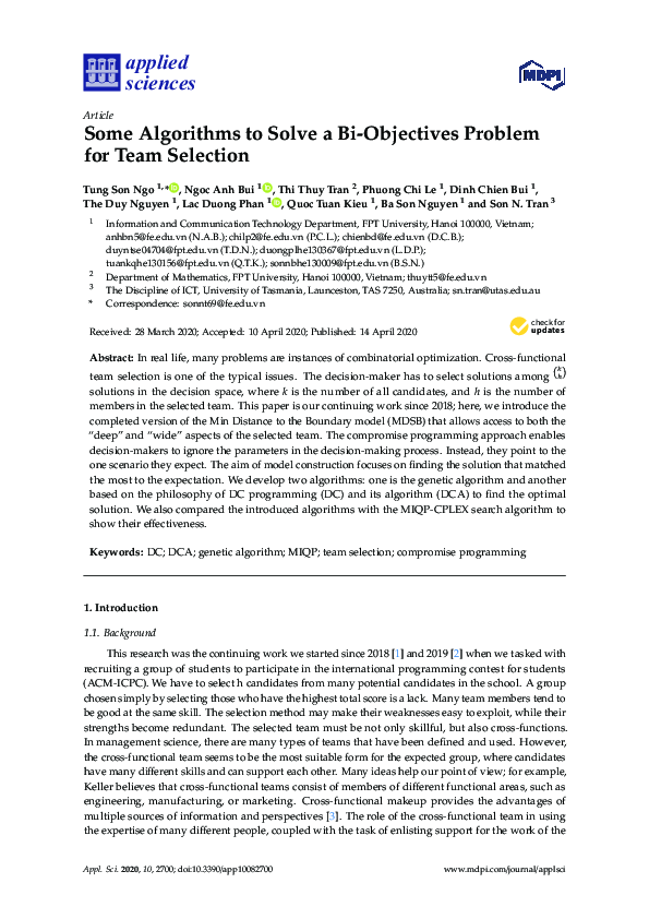 (PDF) Some Algorithms to Solve a Bi-Objectives Problem for Team Selection