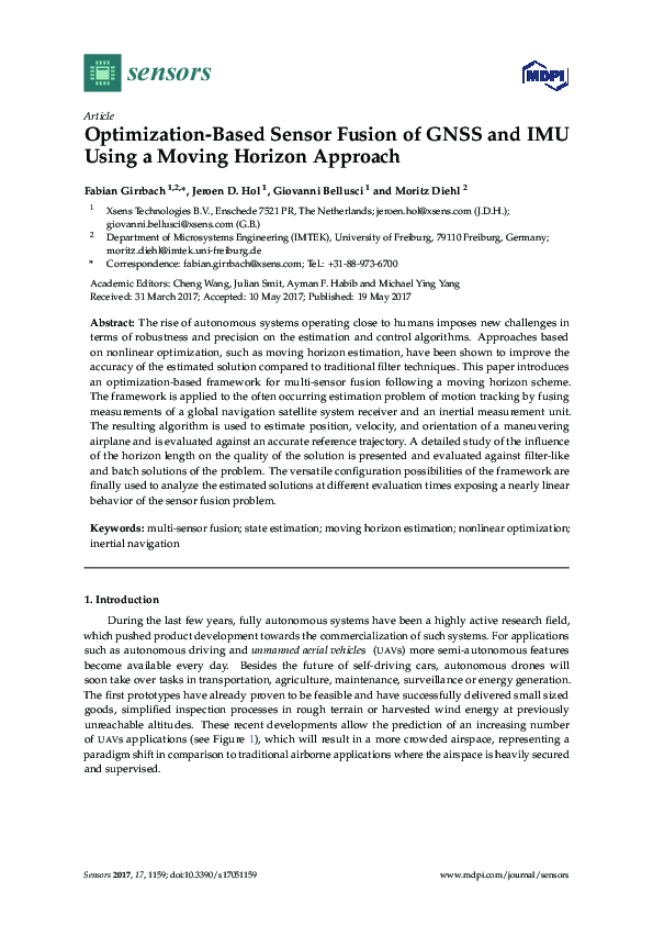 Optimization-Based Sensor Fusion of GNSS and IMU Using a Moving Horizon Approach