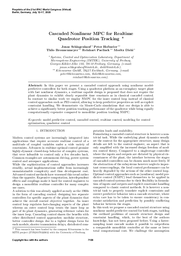 (PDF) Cascaded Nonlinear MPC for Realtime Quadrotor Position Tracking