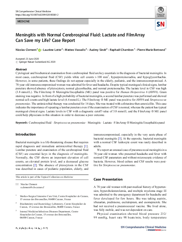 (PDF) Meningitis with Normal Cerebrospinal Fluid: Lactate and FilmArray ...