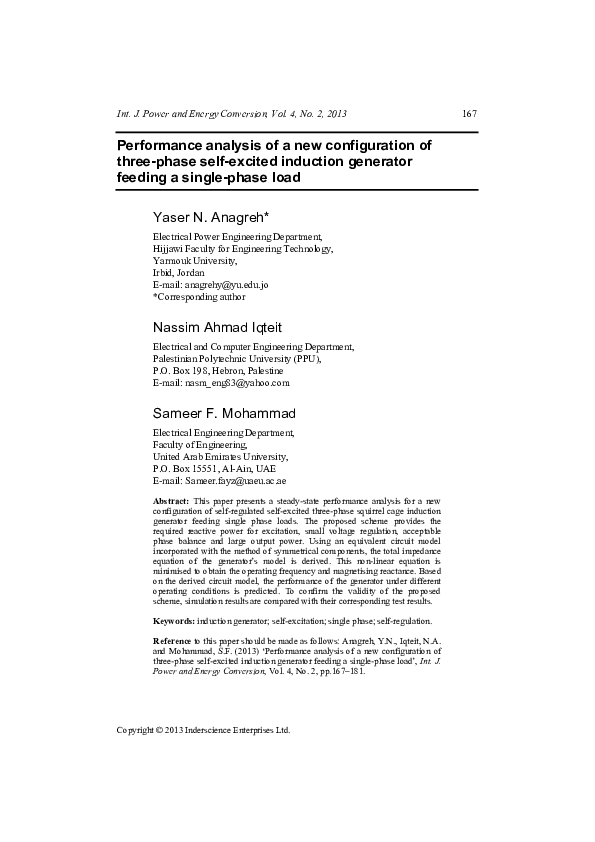 Pdf Performance Analysis Of A New Configuration Of Three Phase Self Excited Induction