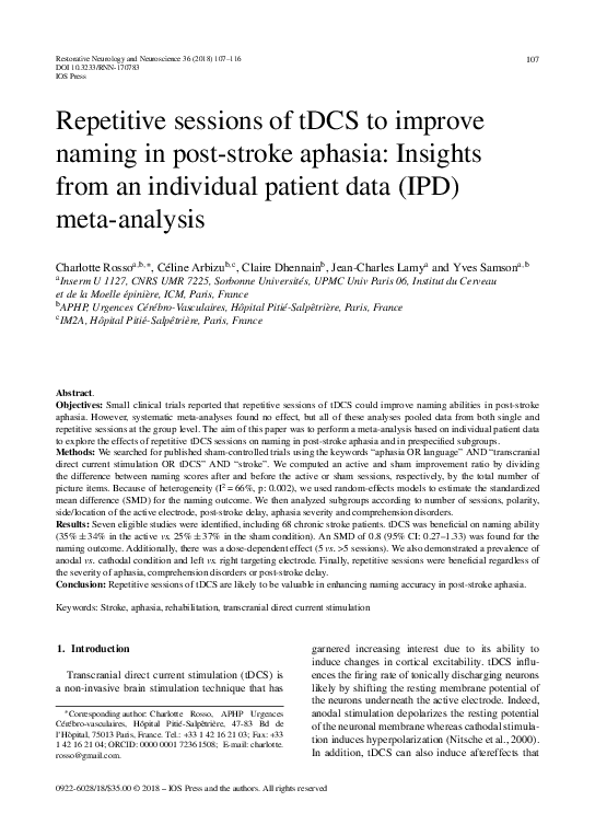 (PDF) Repetitive sessions of tDCS to improve naming in post-stroke aphasia: Insights from an ...
