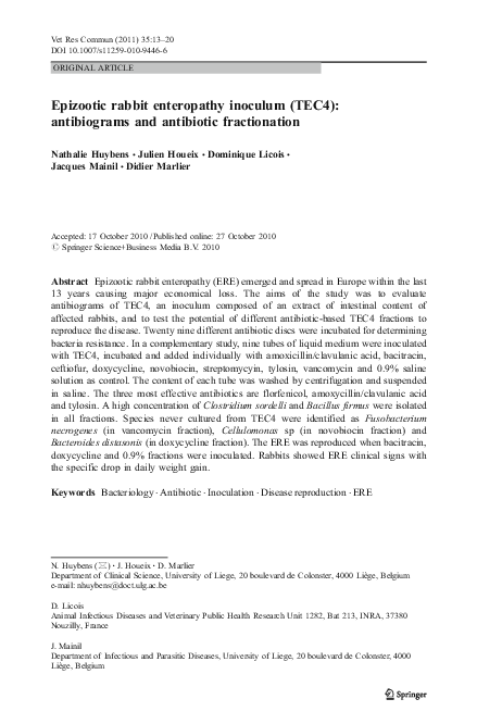 (PDF) Epizootic rabbit enteropathy inoculum (TEC4): antibiograms and ...