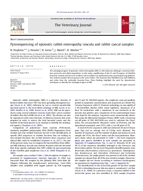 (PDF) Pyrosequencing of epizootic rabbit enteropathy inocula and rabbit ...