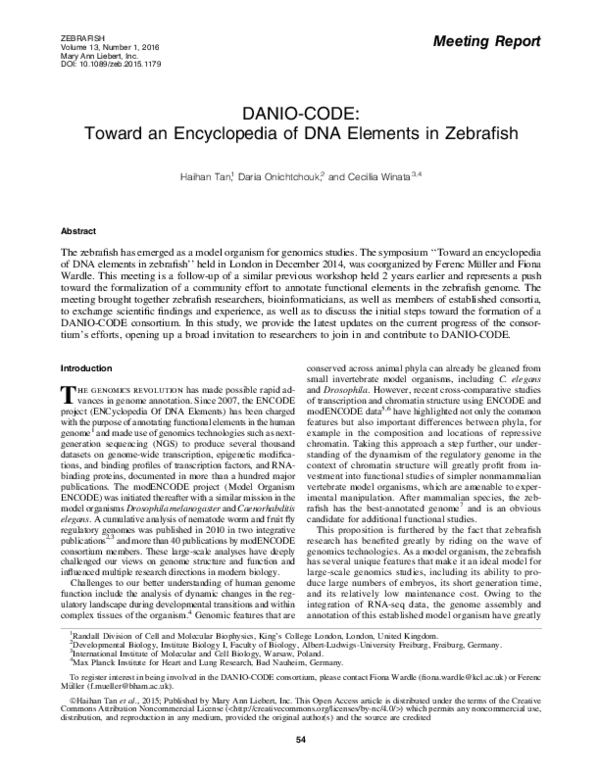 (PDF) DANIO-CODE: Toward an Encyclopedia of DNA Elements in Zebrafish