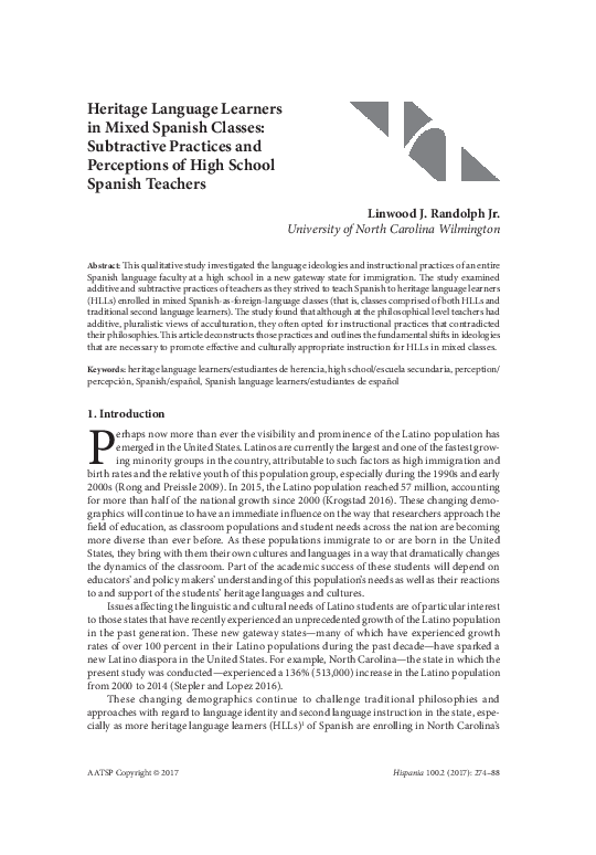 (PDF) Heritage language learners in mixed Spanish classes: Subtractive ...