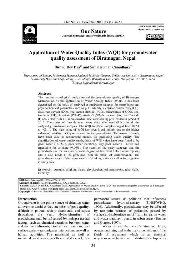 (PDF) Application of Water Quality Index (WQI) for groundwater quality assessment of Biratnagar ...