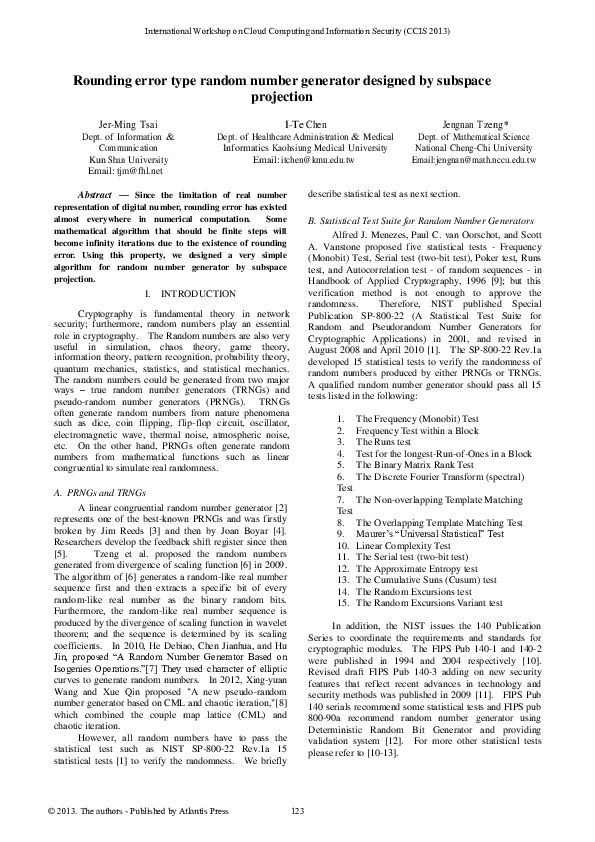 Pdf Rounding Error Type Random Number Generator Designed By Subspace