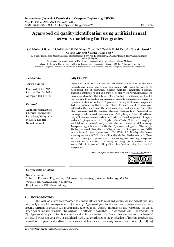 Pdf Agarwood Oil Quality Identification Using Artificial Neural Network Modelling For Five Grades