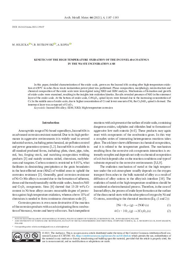 (PDF) Kinetics of the High Temperature Oxidation of the Inconel 686 ...