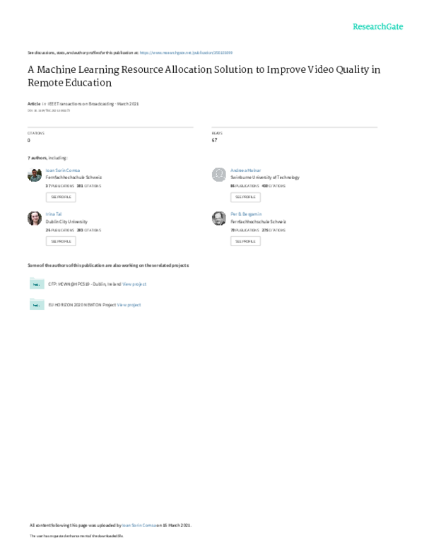 (PDF) A Machine Learning Resource Allocation Solution to Improve Video Quality in Remote Education