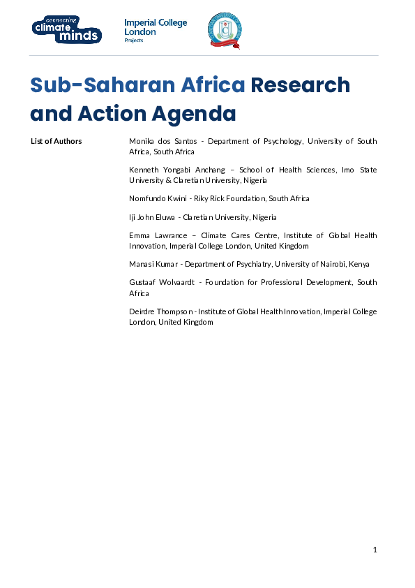 Sub-Saharan Africa Research and Action Agenda