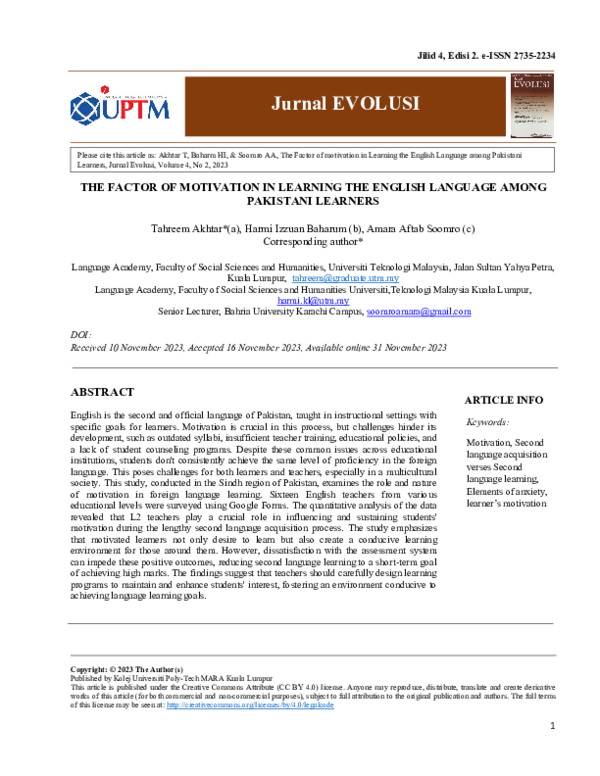 (PDF) THE FACTOR OF MOTIVATION IN LEARNING THE ENGLISH LANGUAGE AMONG ...