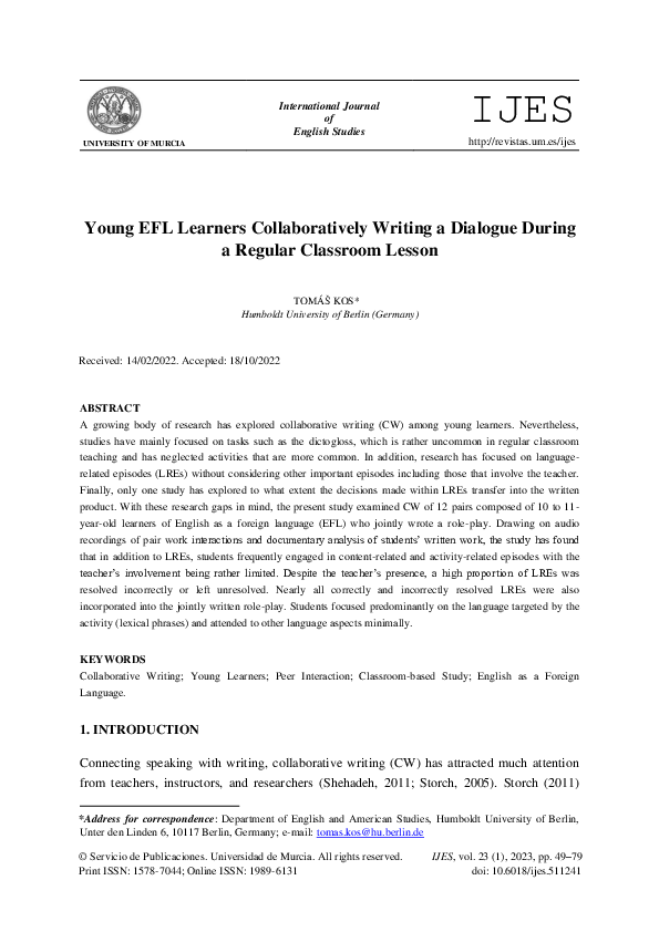 (PDF) Young EFL Learners Collaboratively Writing a Dialogue During a ...