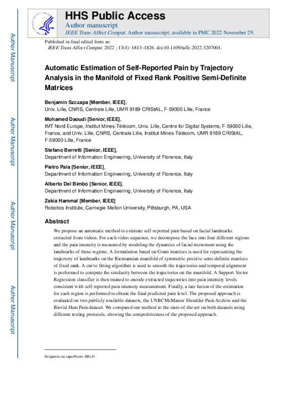 (PDF) Automatic Estimation of Self-Reported Pain by Trajectory Analysis ...