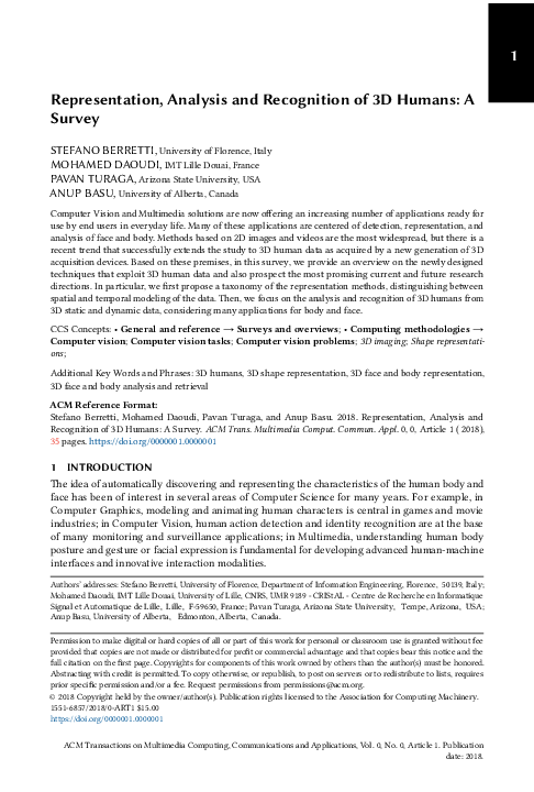 (PDF) Representation, Analysis and Recognition of 3D Humans: A Survey