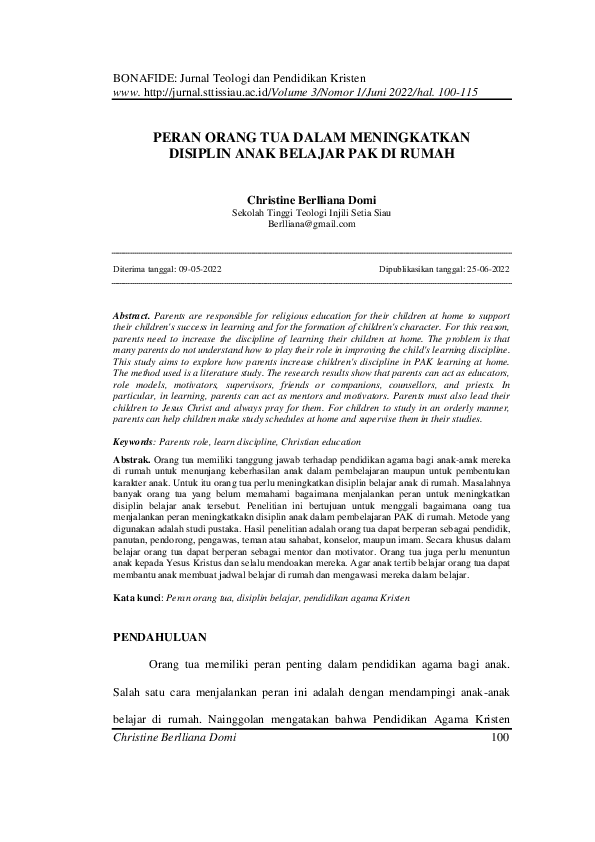 (PDF) Peran Orang Tua Dalam Meningkatkan Disiplin Anak Belajar Pak DI Rumah | Christine Domi ...