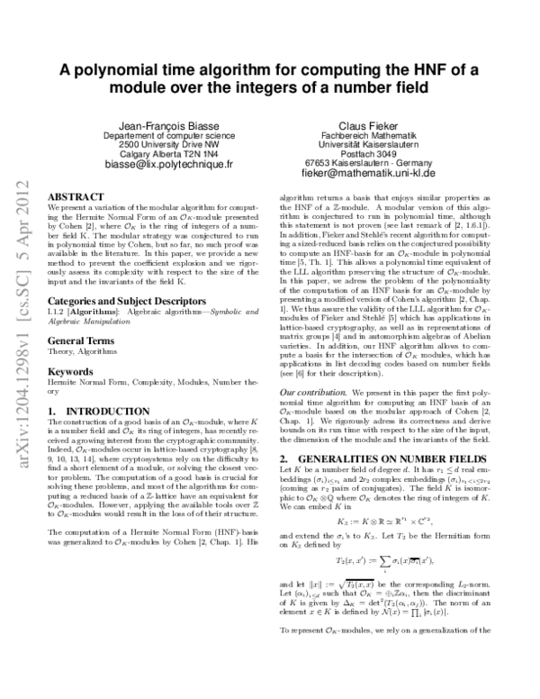 Pdf A Polynomial Time Algorithm For Computing The Hnf Of A Module Over The Integers Of A 4866