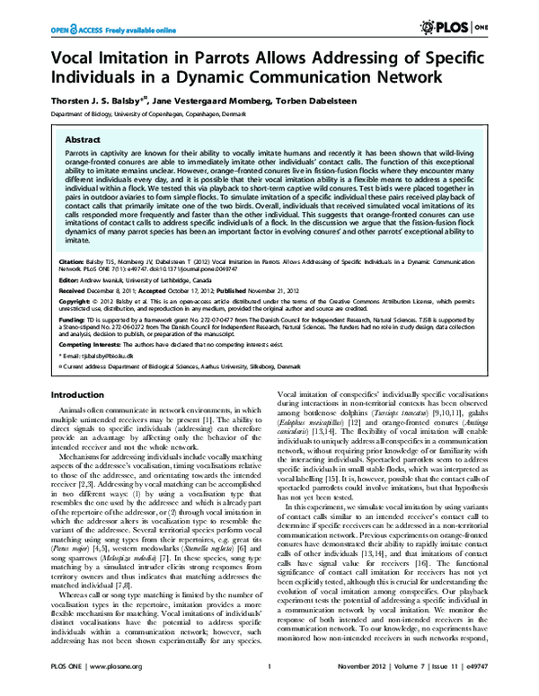 (PDF) Vocal Imitation in Parrots Allows Addressing of Specific ...