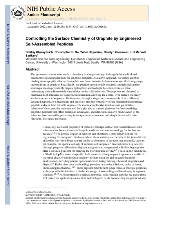 (PDF) Controlling the Surface Chemistry of Graphite by Engineered Self-Assembled Peptides ...