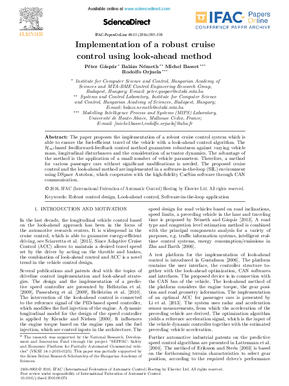 (PDF) Implementation of a robust cruise control using look-ahead method