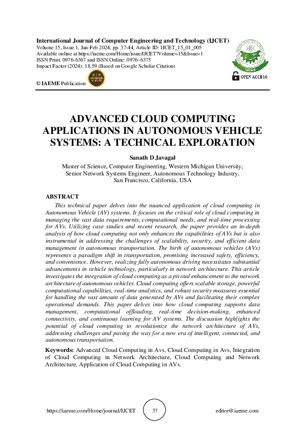 (PDF) ADVANCED CLOUD COMPUTING APPLICATIONS IN AUTONOMOUS VEHICLE SYSTEMS: A TECHNICAL EXPLORATION