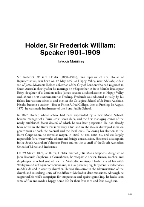 (PDF) Holder, Sir Frederick William: Speaker 1901–1909