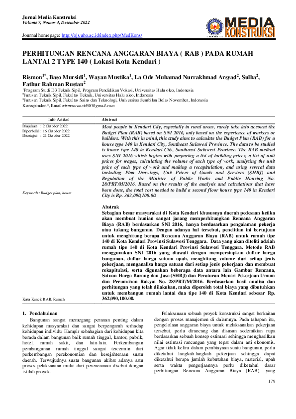 (PDF) Perhitungan Rencana Anggaran Biaya ( Rab ) Pada Rumah Lantai 2 Type 140