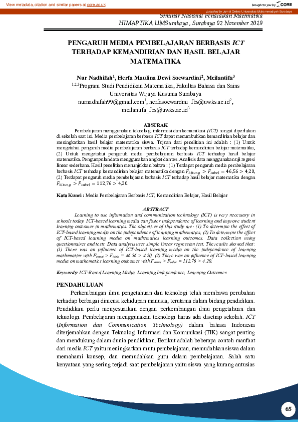 (PDF) Pengaruh Media Pembelajaran Berbasis Ict Terhadap Kemandirian Dan Hasil Belajar Matematika