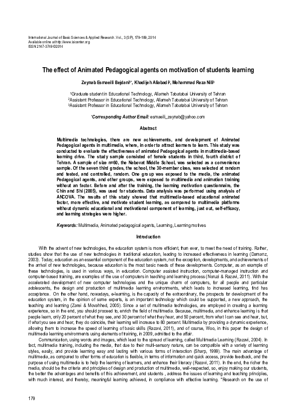 (PDF) The effect of Animated Pedagogical agents on motivation of students learning