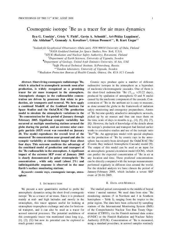 (PDF) Cosmogenic isotope 7Be as a tracer for air mass dynamics