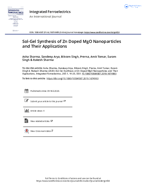 (PDF) Sol-Gel Synthesis of Zn Doped MgO Nanoparticles and Their Applications