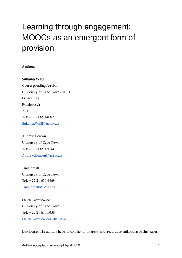 (PDF) Learning through engagement: MOOCs as an emergent form of provision