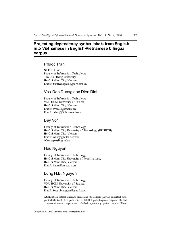 (PDF) Projecting dependency syntax labels from English into Vietnamese ... (PDF) Projecting dependency syntax labels from English into Vietnamese ...