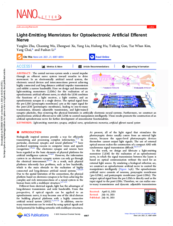 (PDF) Light-Emitting Memristors for Optoelectronic Artificial Efferent Nerve