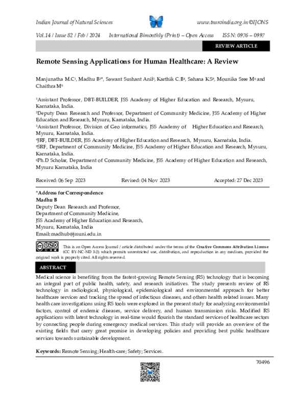 (PDF) Remote Sensing Applications for Human Healthcare: A Review
