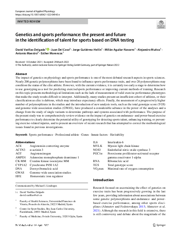 (PDF) Genetics and sports performance: the present and future in the ...