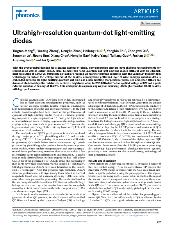 Pdf Ultrahigh Resolution Quantum Dot Light Emitting Diodes