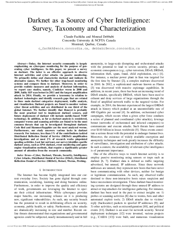 (PDF) Darknet as a Source of Cyber Intelligence: Survey, Taxonomy, and Characterization