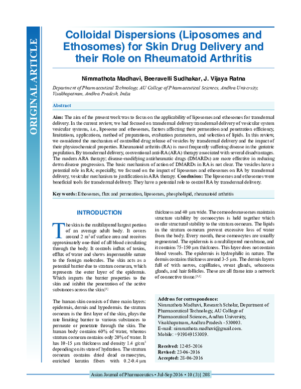 (PDF) Colloidal Dispersions (Liposomes and Ethosomes) for Skin Drug ...