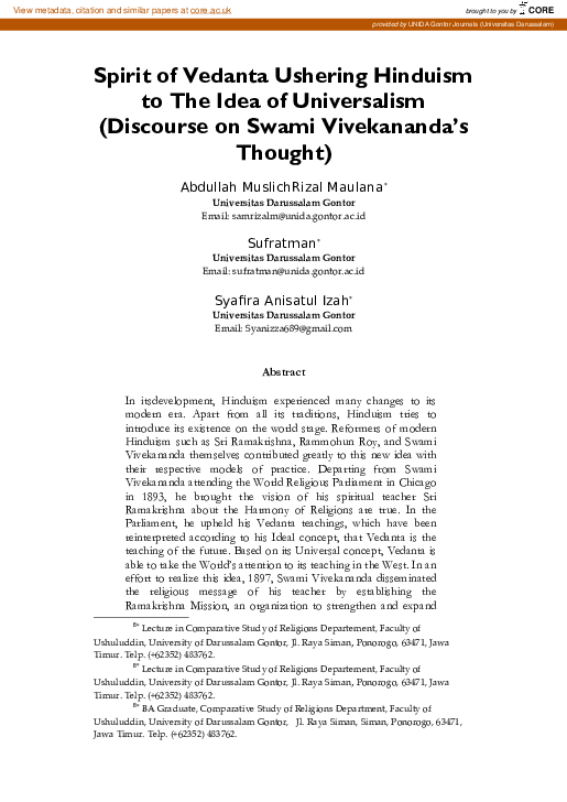 (PDF) Spirit of Vedanta Ushering Hinduism to The Idea of Universalism ...