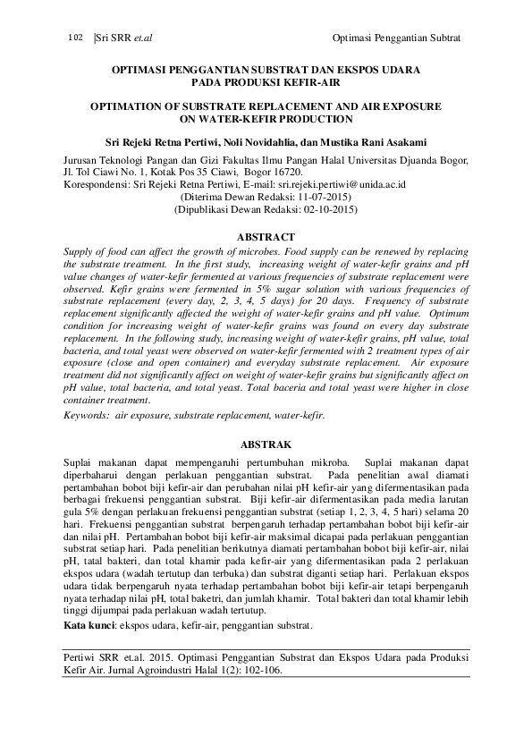 (PDF) Optimasi Penggantian Substrat Dan Ekspos Udara Pada Produksi Kefir-Air
