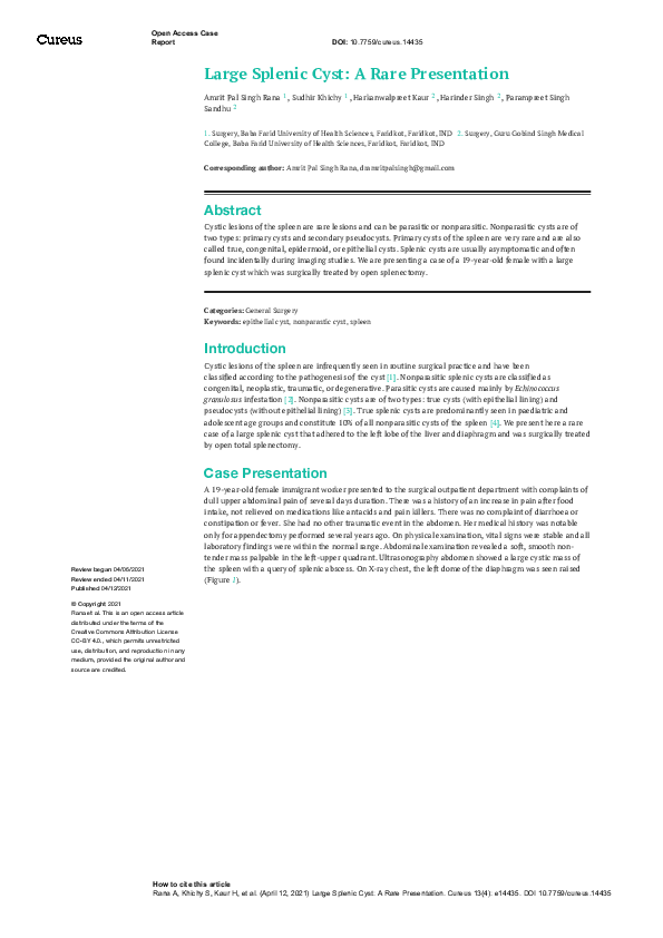 (PDF) Large Splenic Cyst: A Rare Presentation