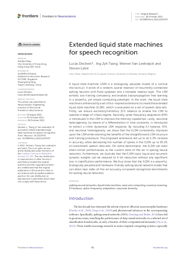 (PDF) Extended liquid state machines for speech recognition