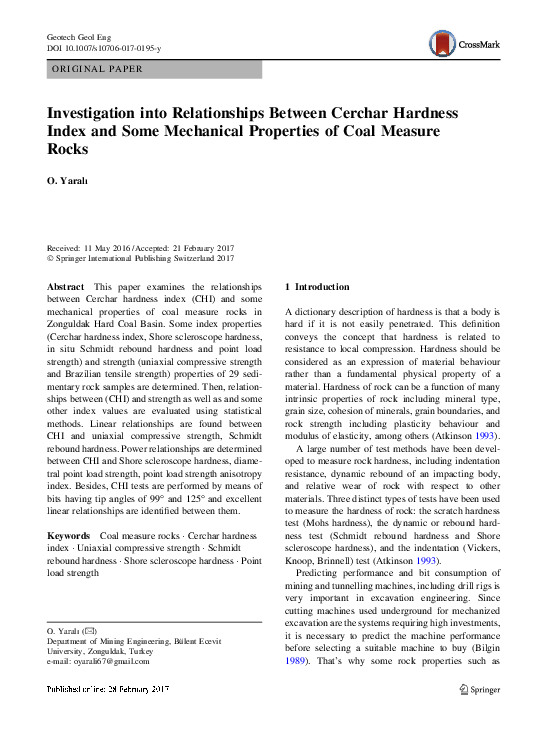 (PDF) Investigation into Relationships Between Cerchar Hardness Index and Some Mechanical ...