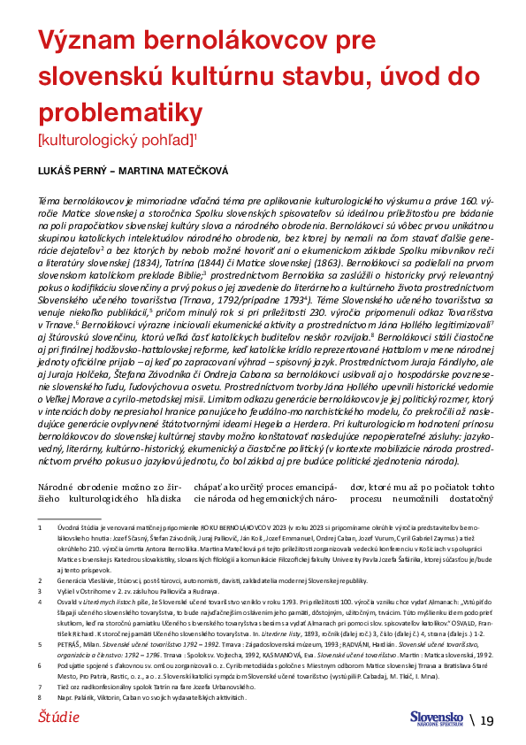 (PDF) Význam bernolákovcov pre slovenskú kultúrnu stavbu, úvod do ...