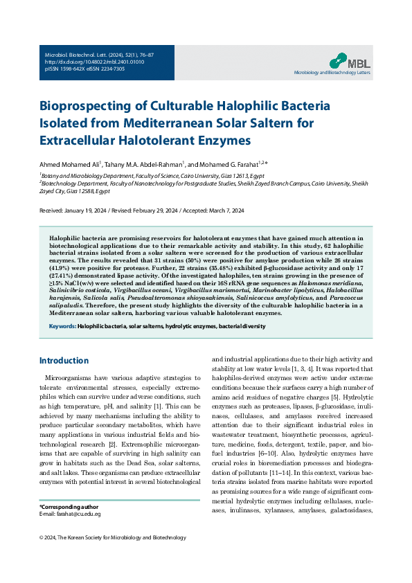 (PDF) Bioprospecting of Culturable Halophilic Bacteria Isolated from Mediterranean Solar Saltern ...