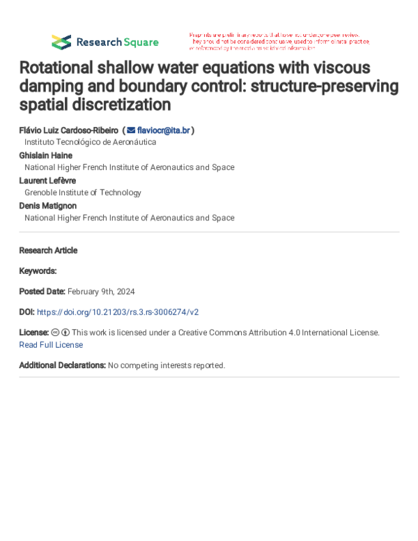 (PDF) Rotational Shallow Water Equations with viscous damping and boundary control: structure ...